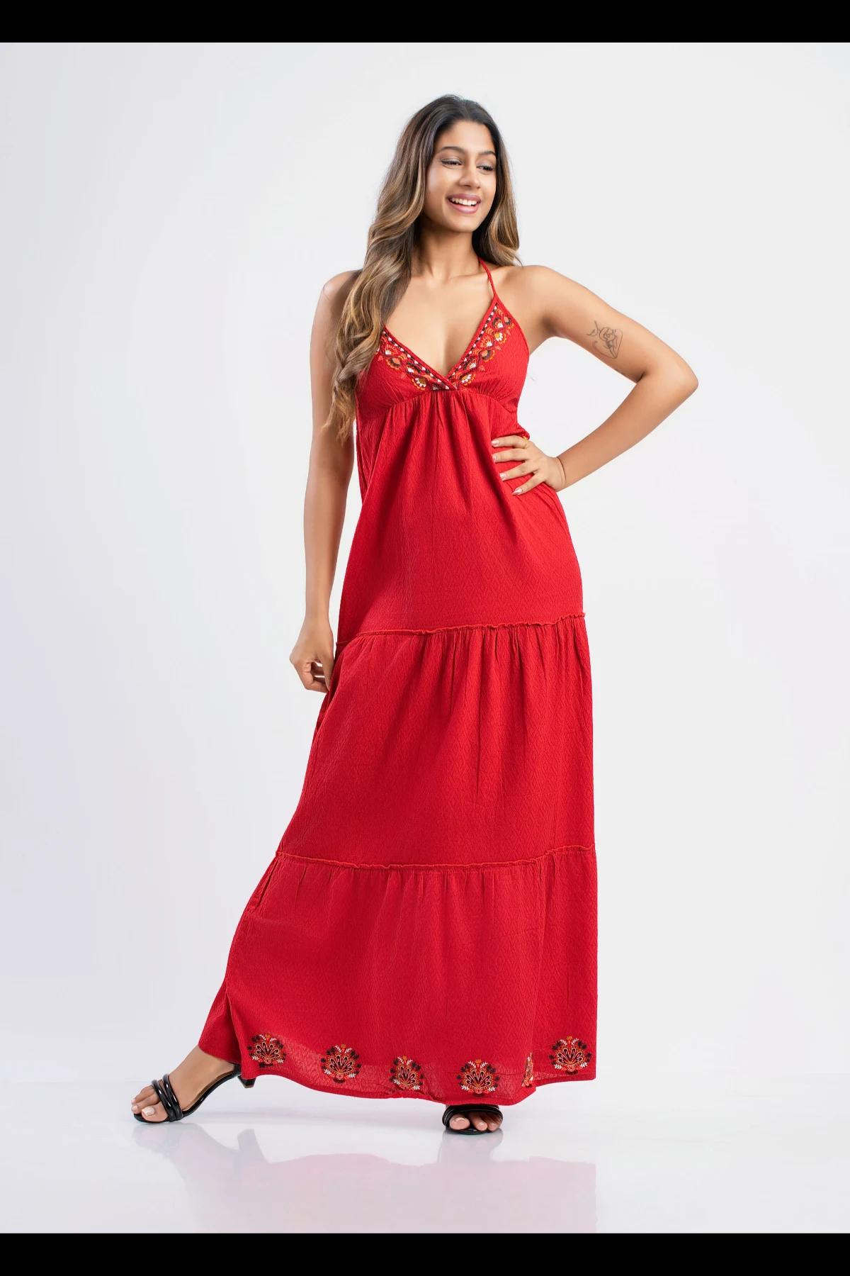 Red Embroidered Tiered Maxi Dress | Kandy Selection