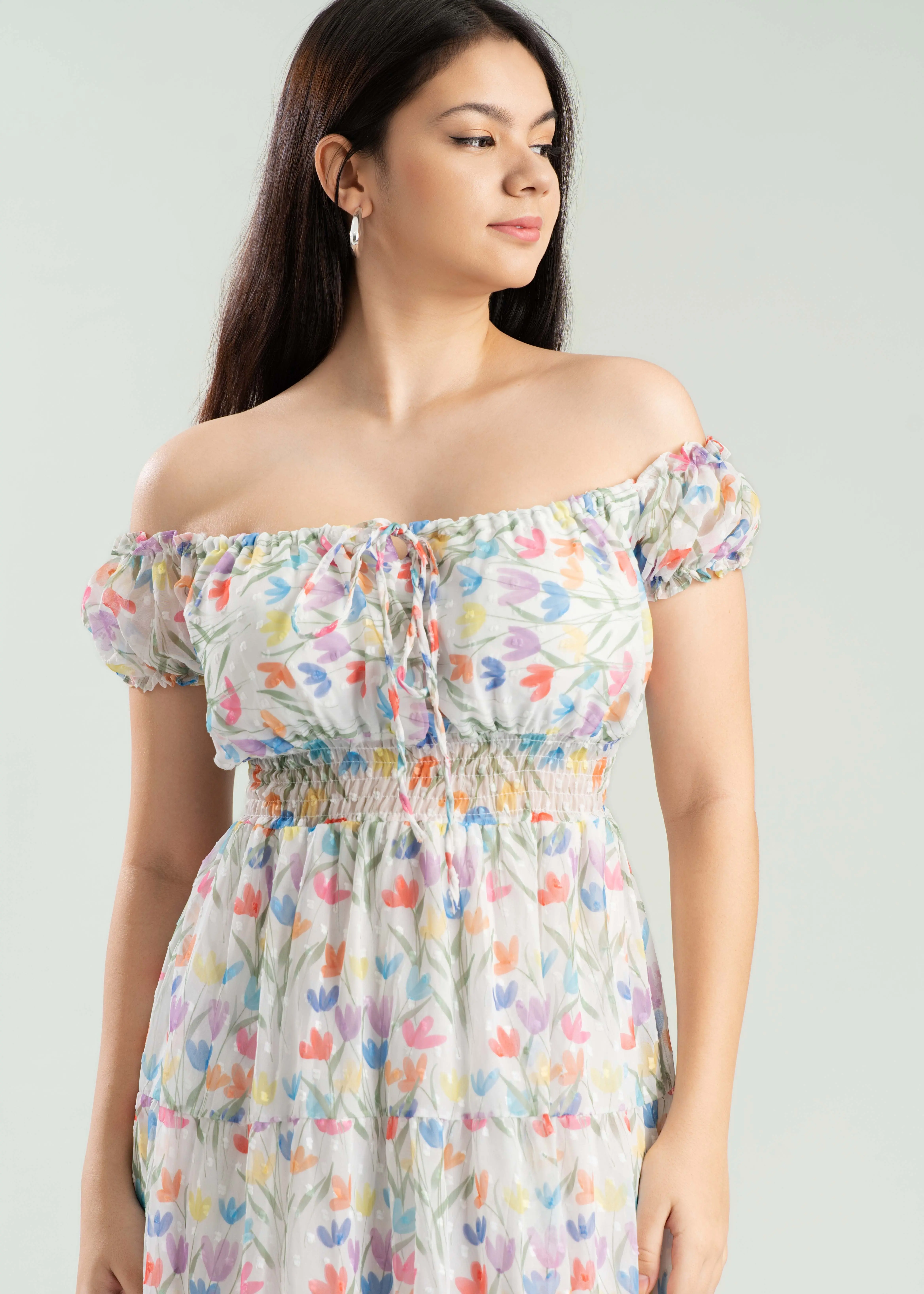 Smocked Bodice Tiered Maxi Dress with Floral Pattern | Kandy Selection
