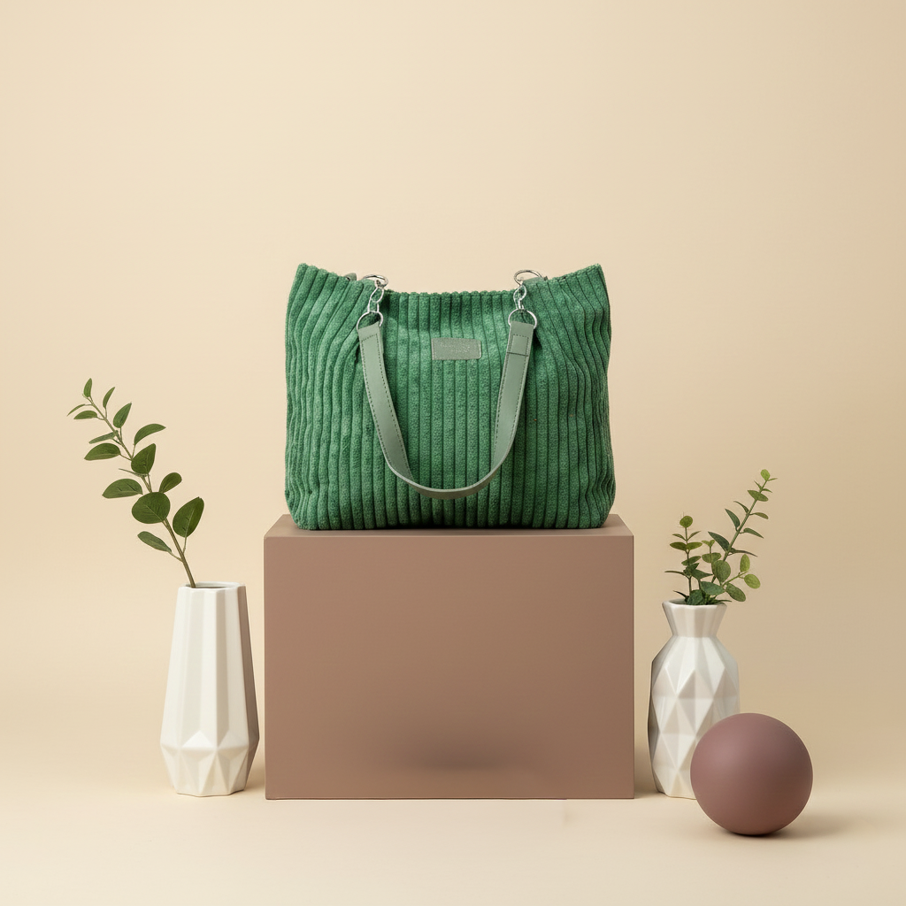 Green Corduroy Shoulder Tote Bag | Kandy Selection