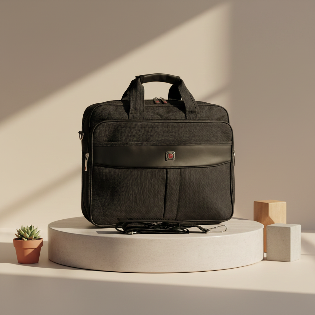 Black Office Messenger Bag - Durable Synthetic Fabric Laptop Briefcase ...