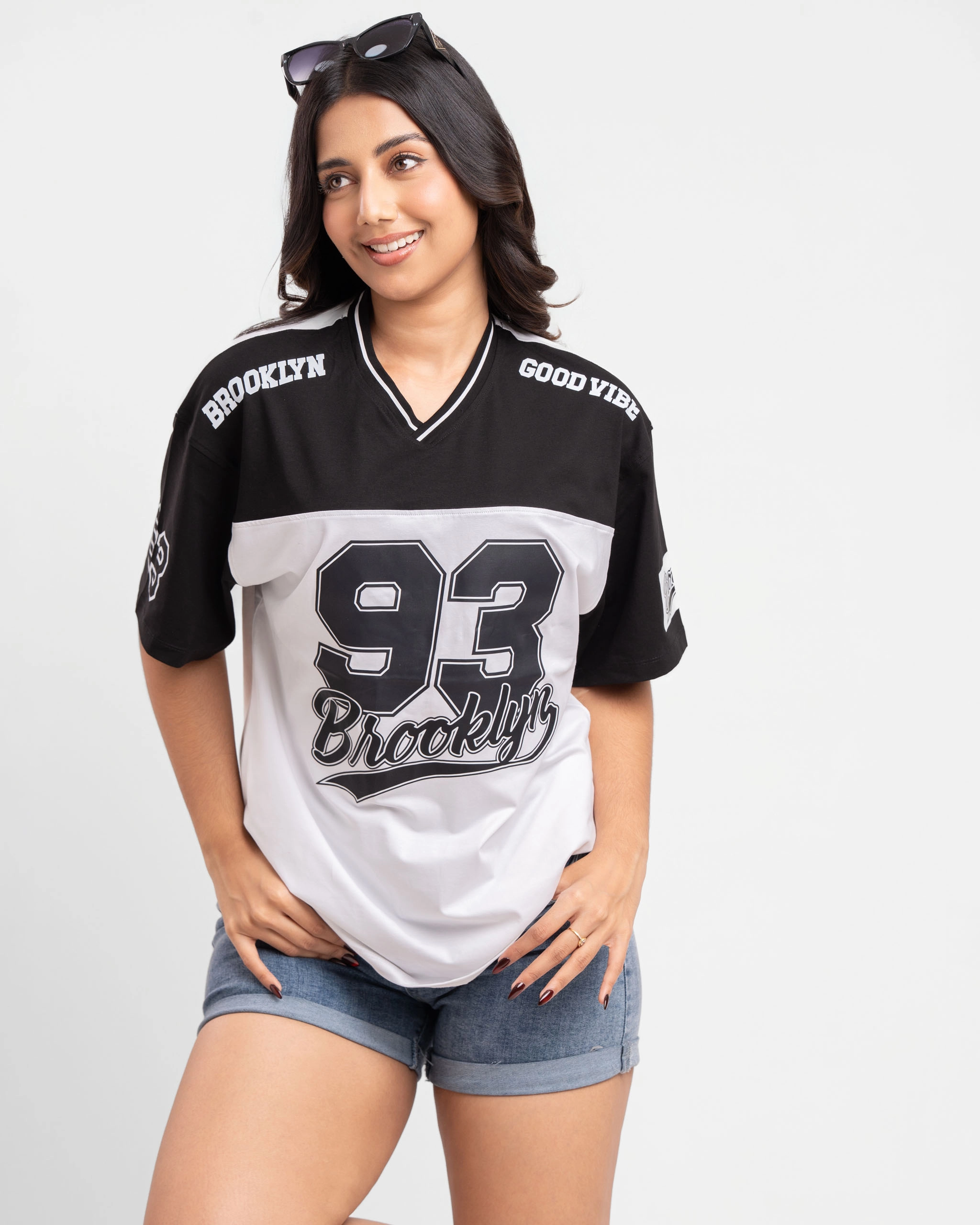 93 Number Printed V-Neck Black Oversized T-Shirt | Kandy Selection