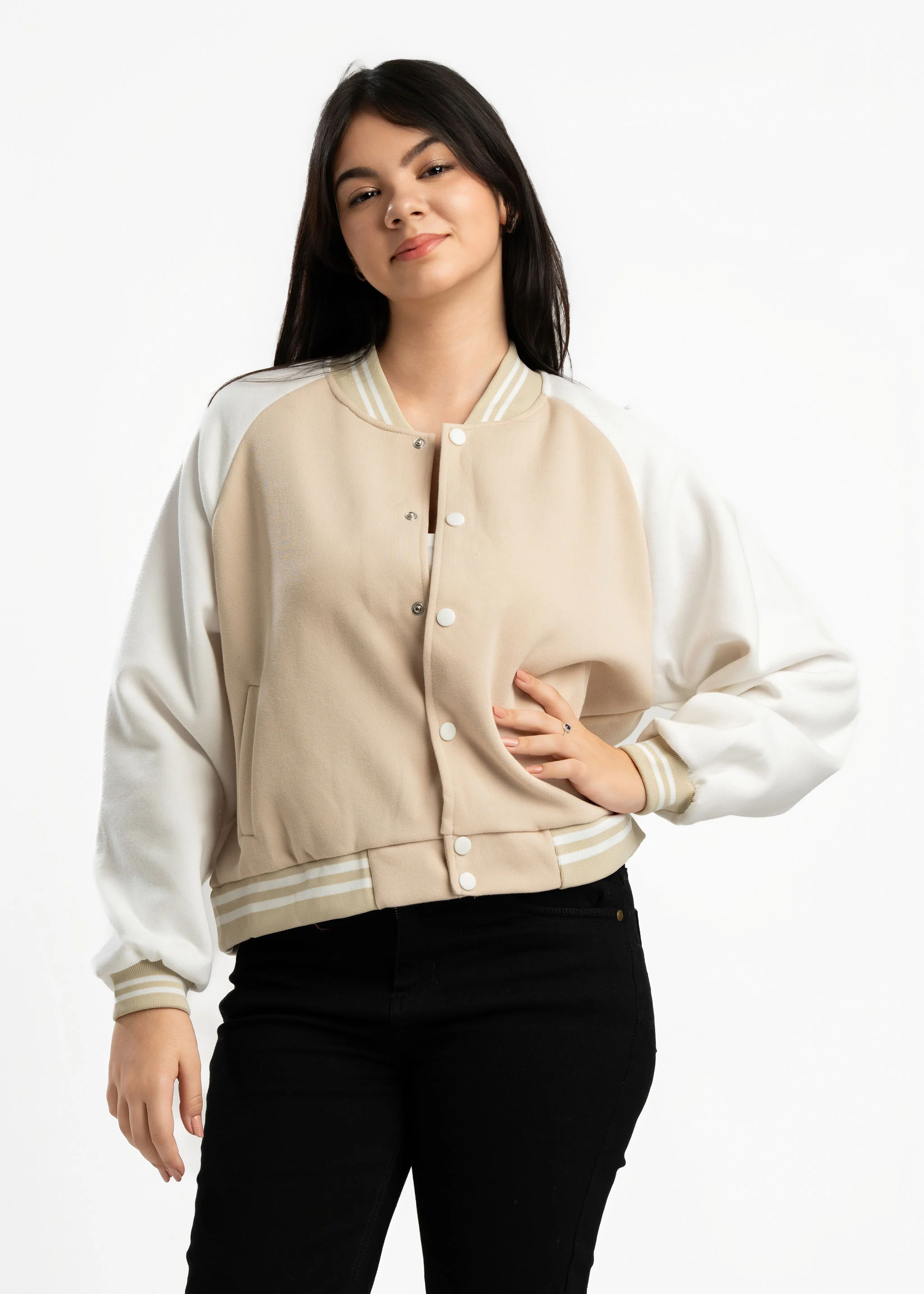 two-tone varsity-style bomber jacket | Kandy Selection