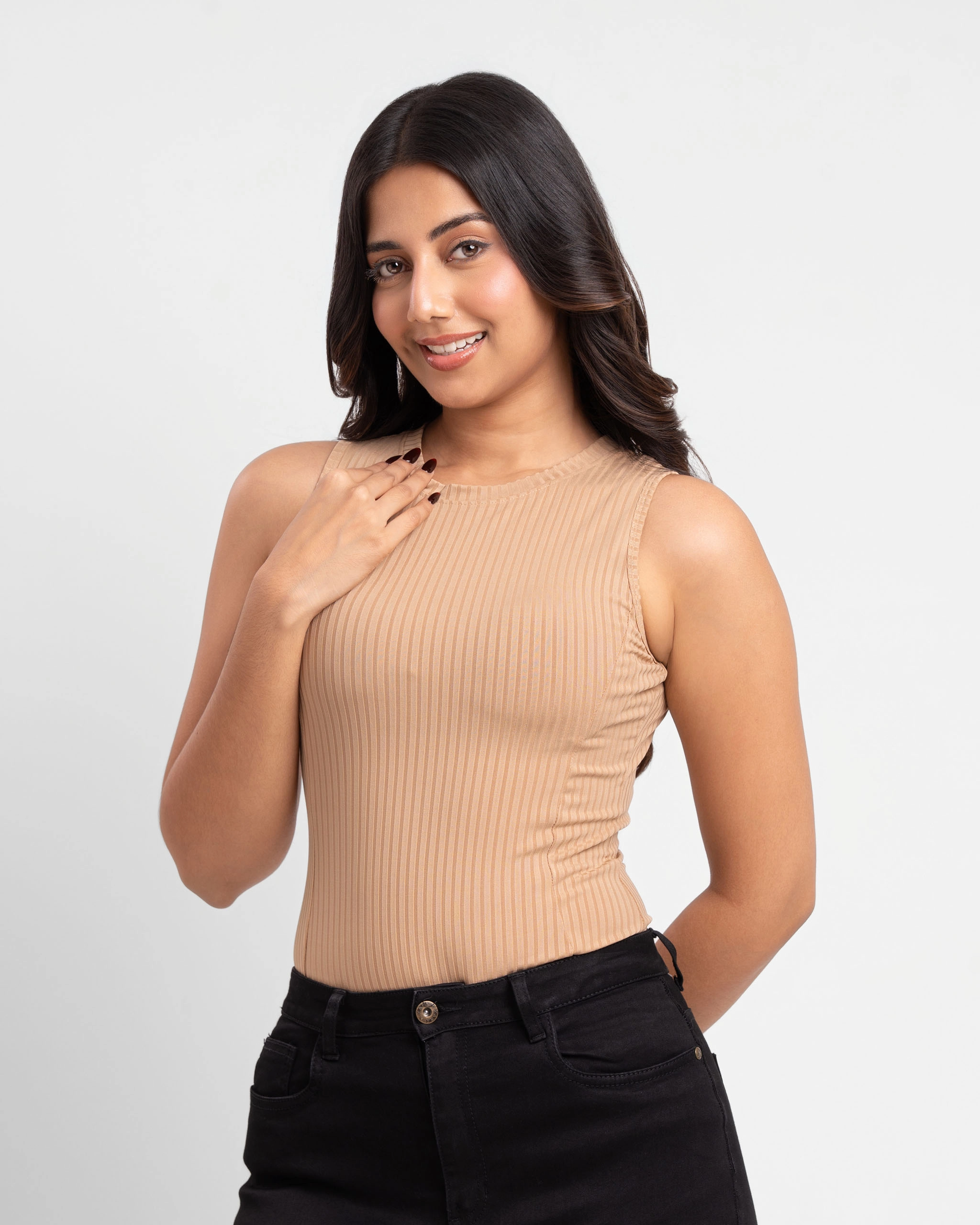 Sleeveless Bodysuit in Beige Tee | Kandy Selection