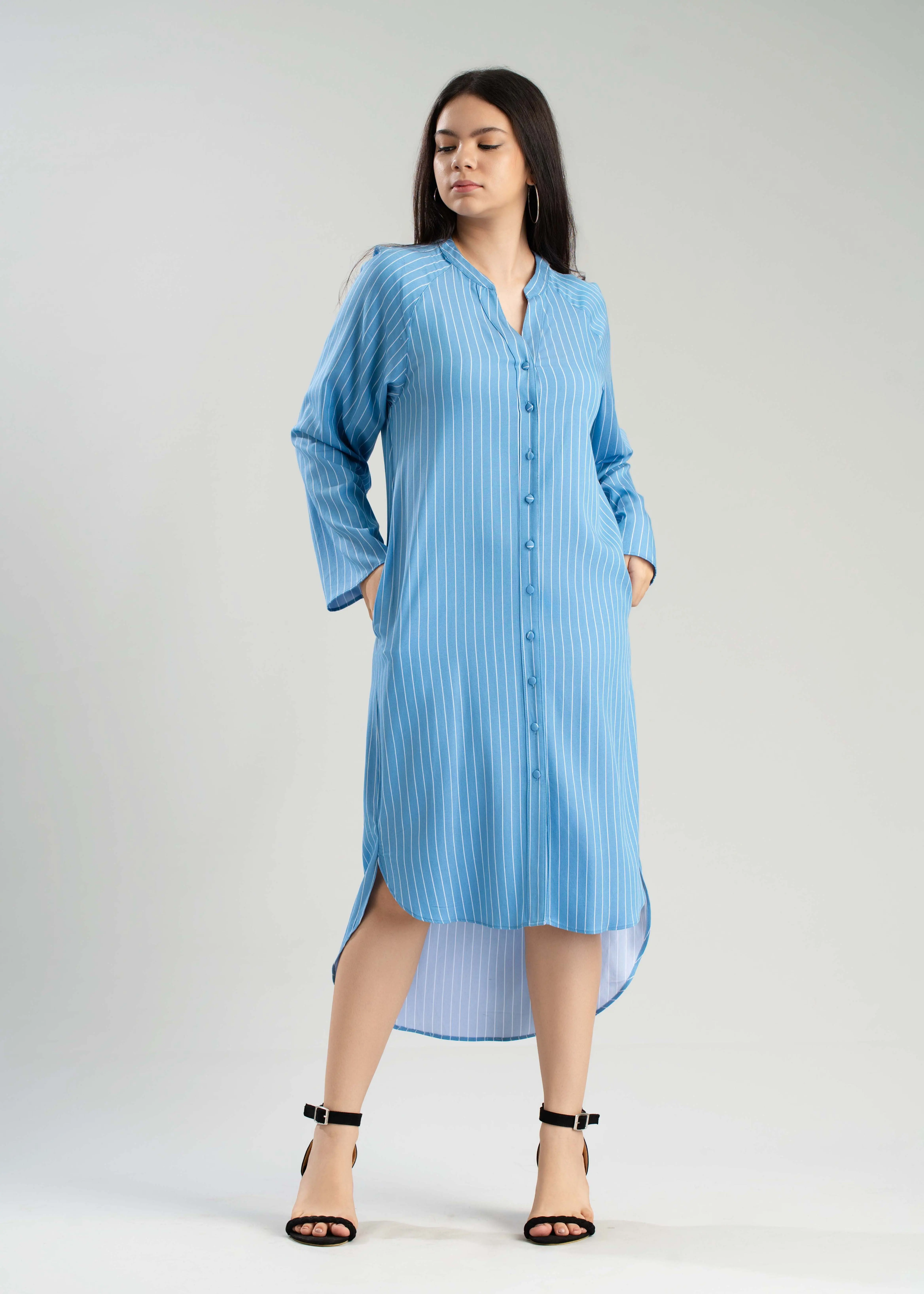 Baby Blue Striped Button-Up Dress | Kandy Selection