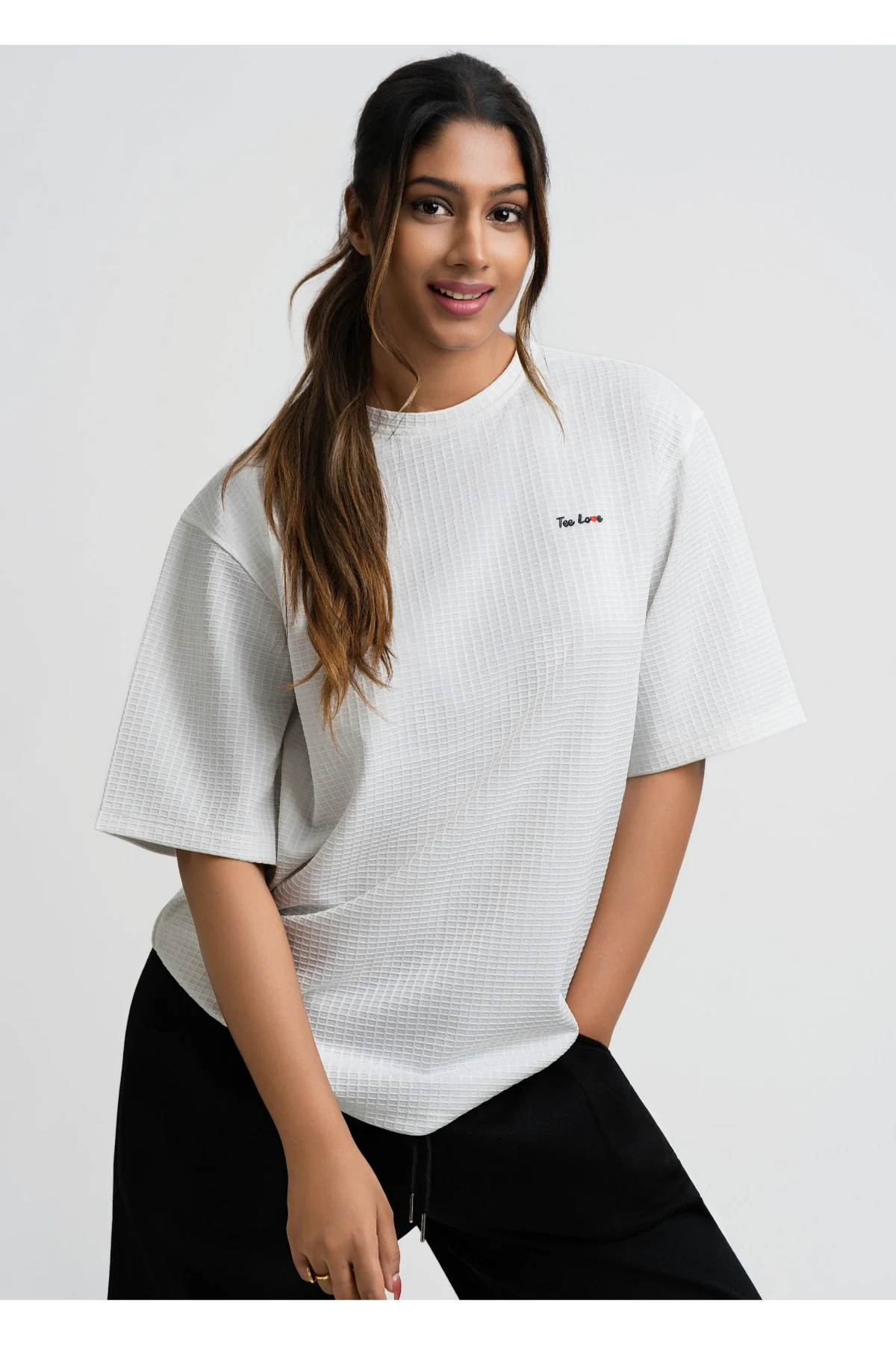 Women's White Textured Oversized Tee | Kandy Selection