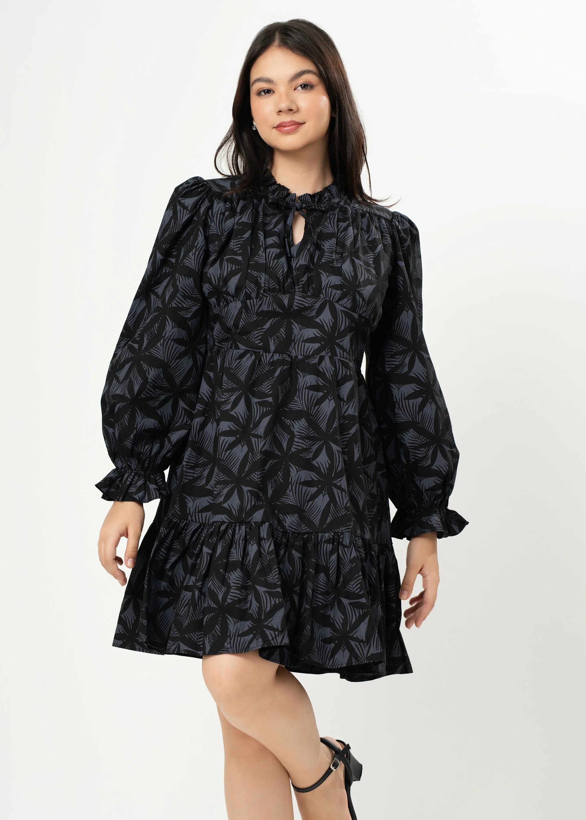 Puff Sleeve Abstract Jacquard Mini Dress | Kandy Selection