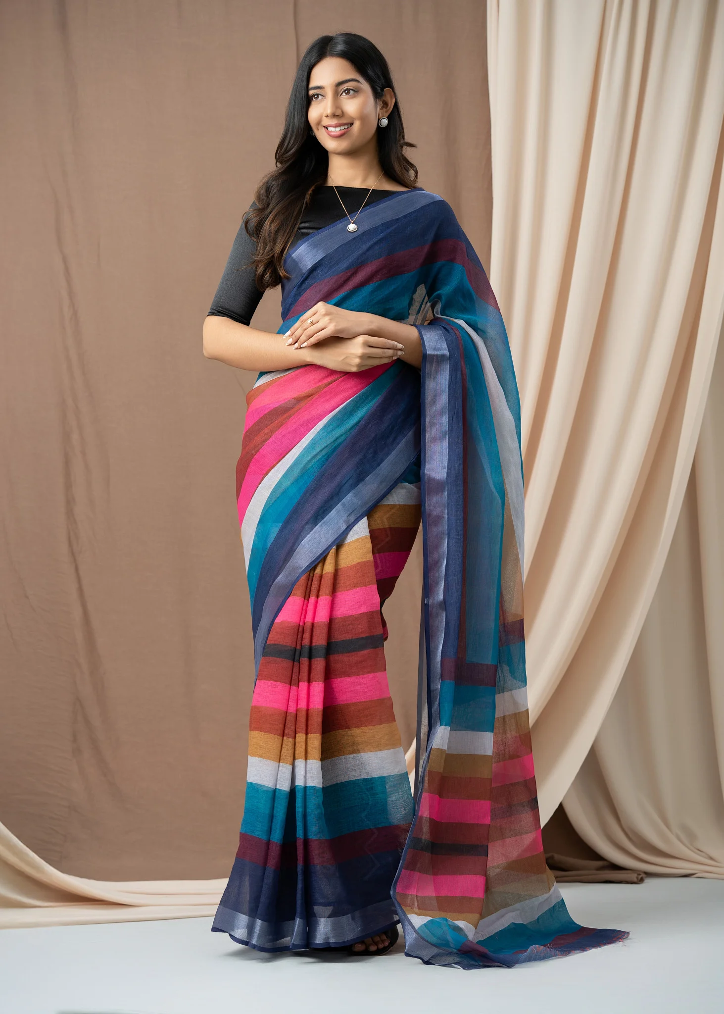 Multicolor Striped Cotton Saree | Kandy Selection