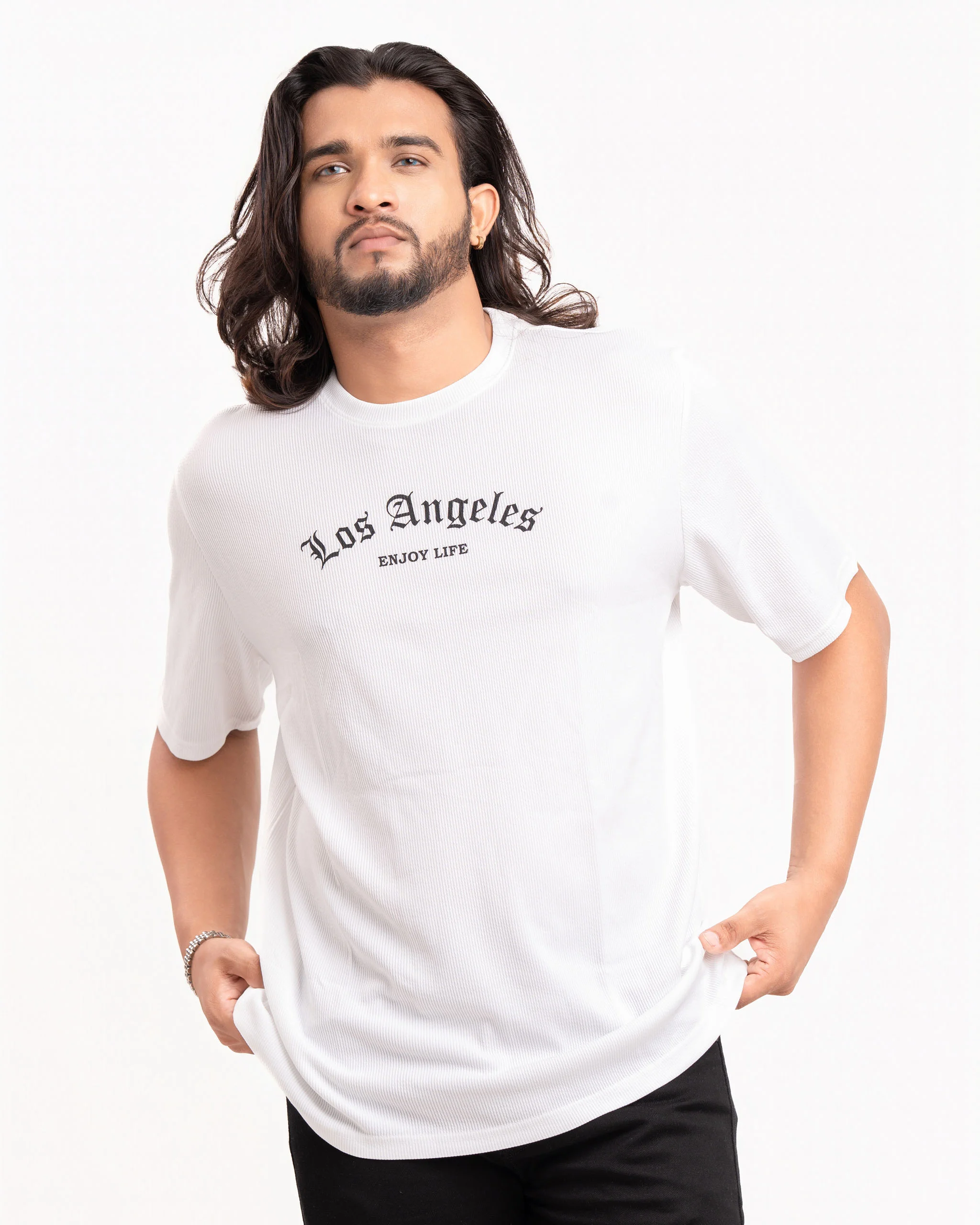 White Textured Crew Neck Tee | Kandy Selection