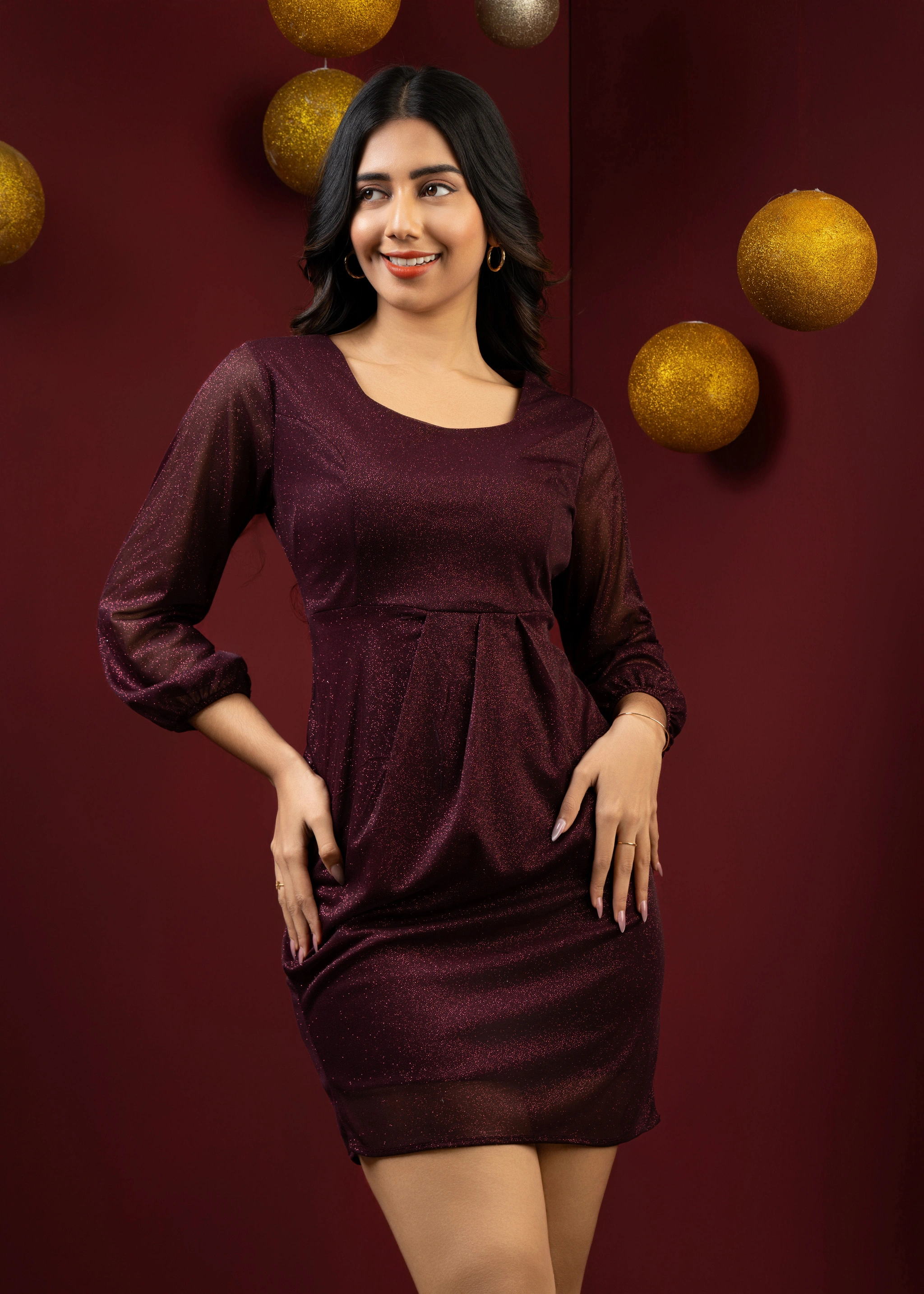 Maroon Shimmered Puff Sleeves Sheath Party Dress | Kandy Selection