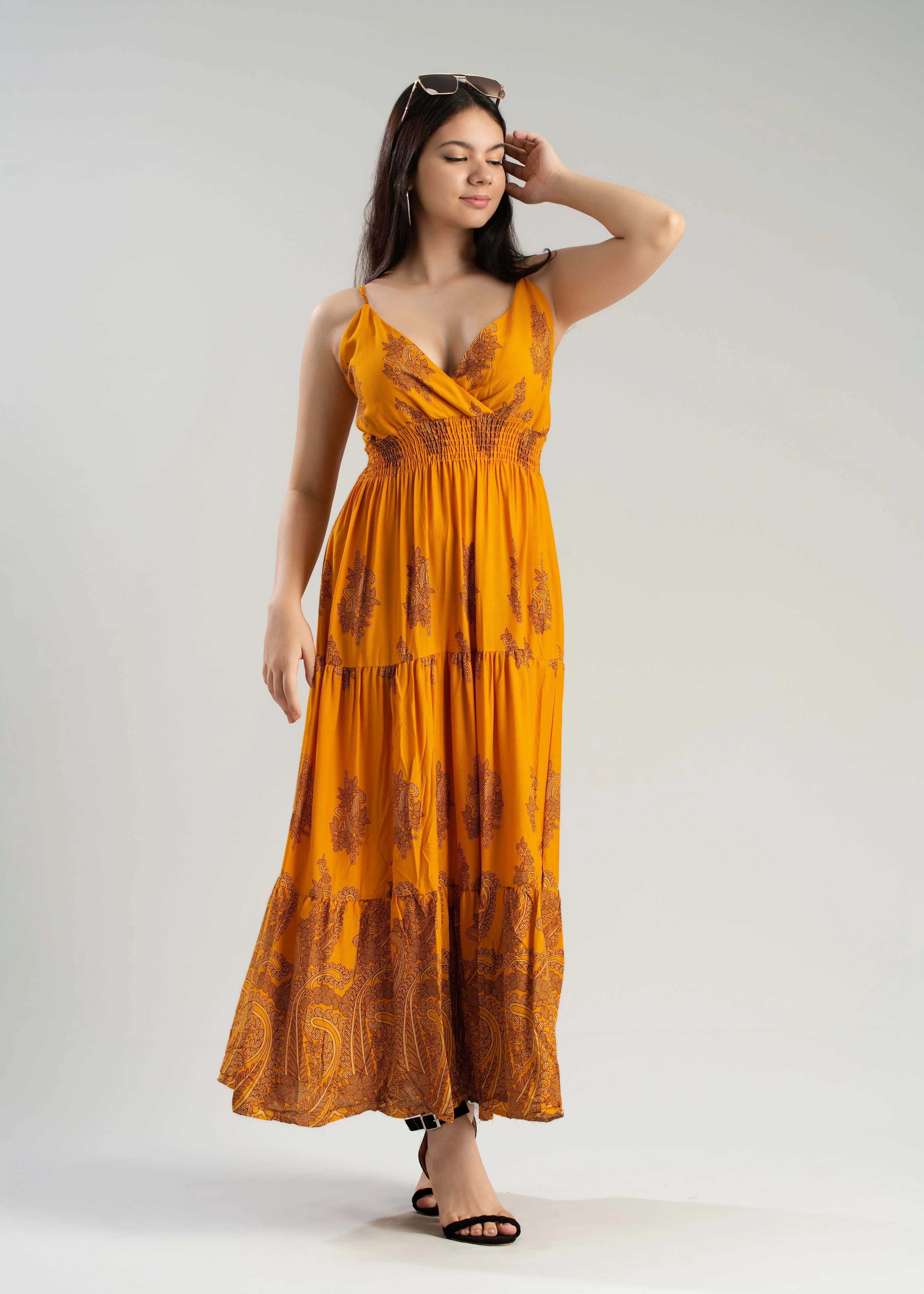 camboge Yellow Spaghetti Strap Maxi Frock | Kandy Selection