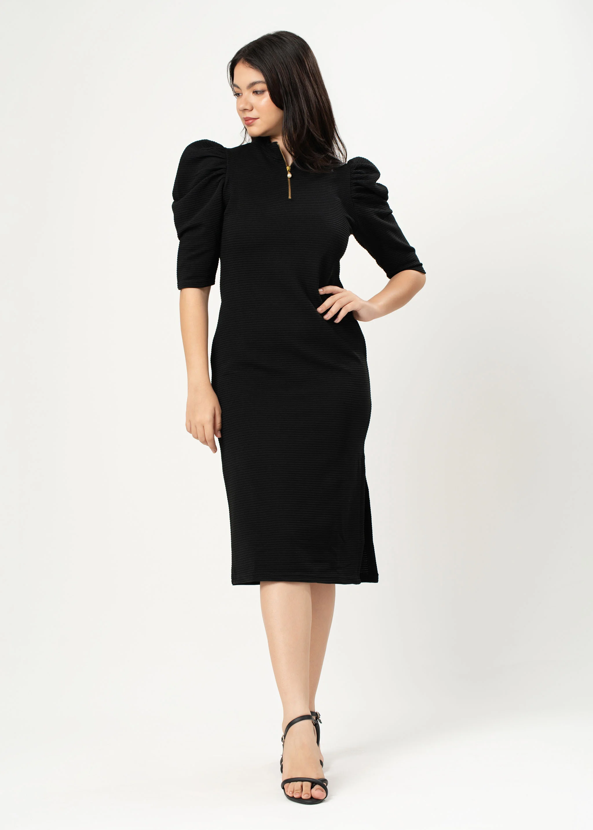 Black Bodycon Ribbed Half-Zip Midi Dress | Kandy Selection