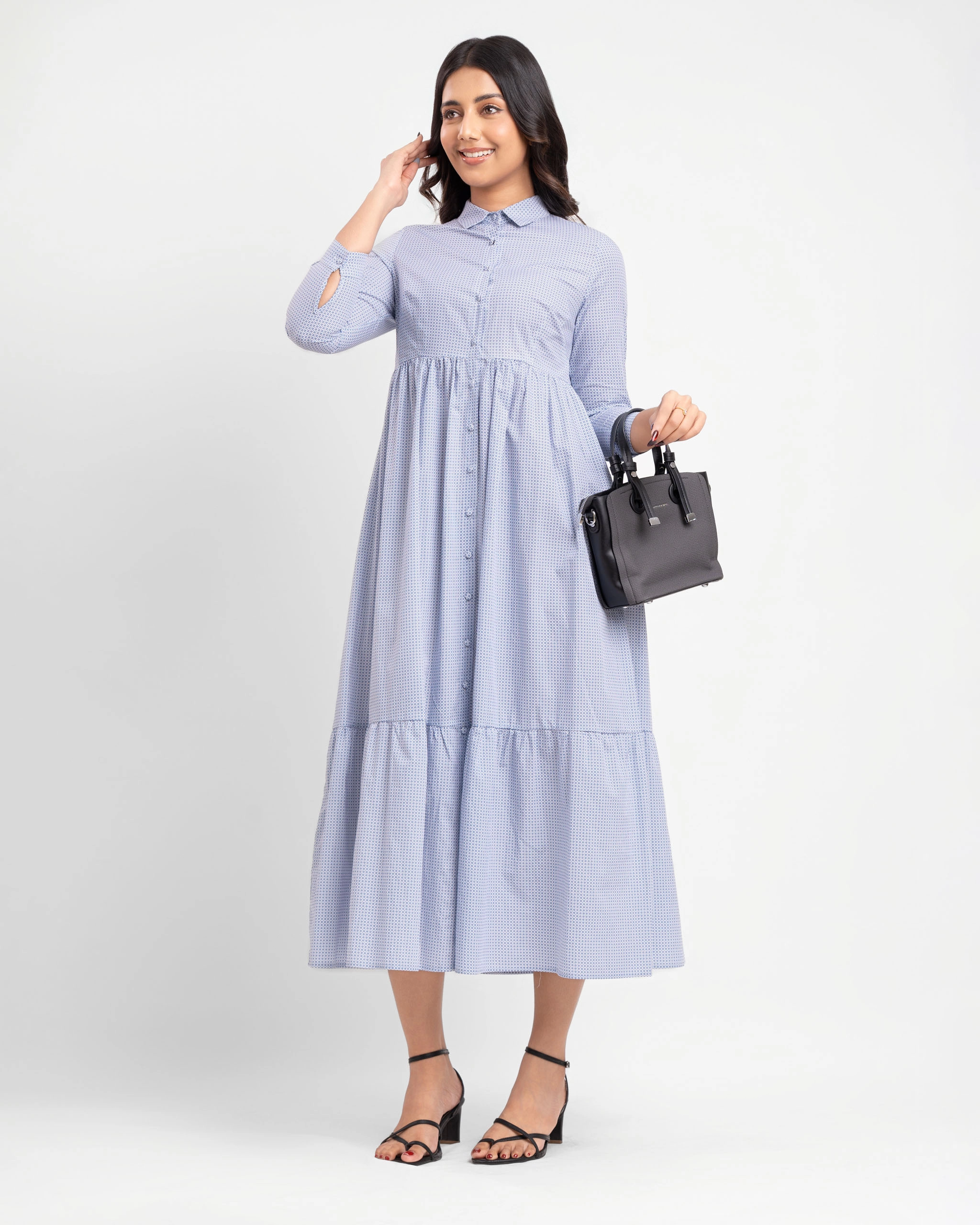 long sleeve shirt dress with ruffle in cotton blend | Kandy Selection