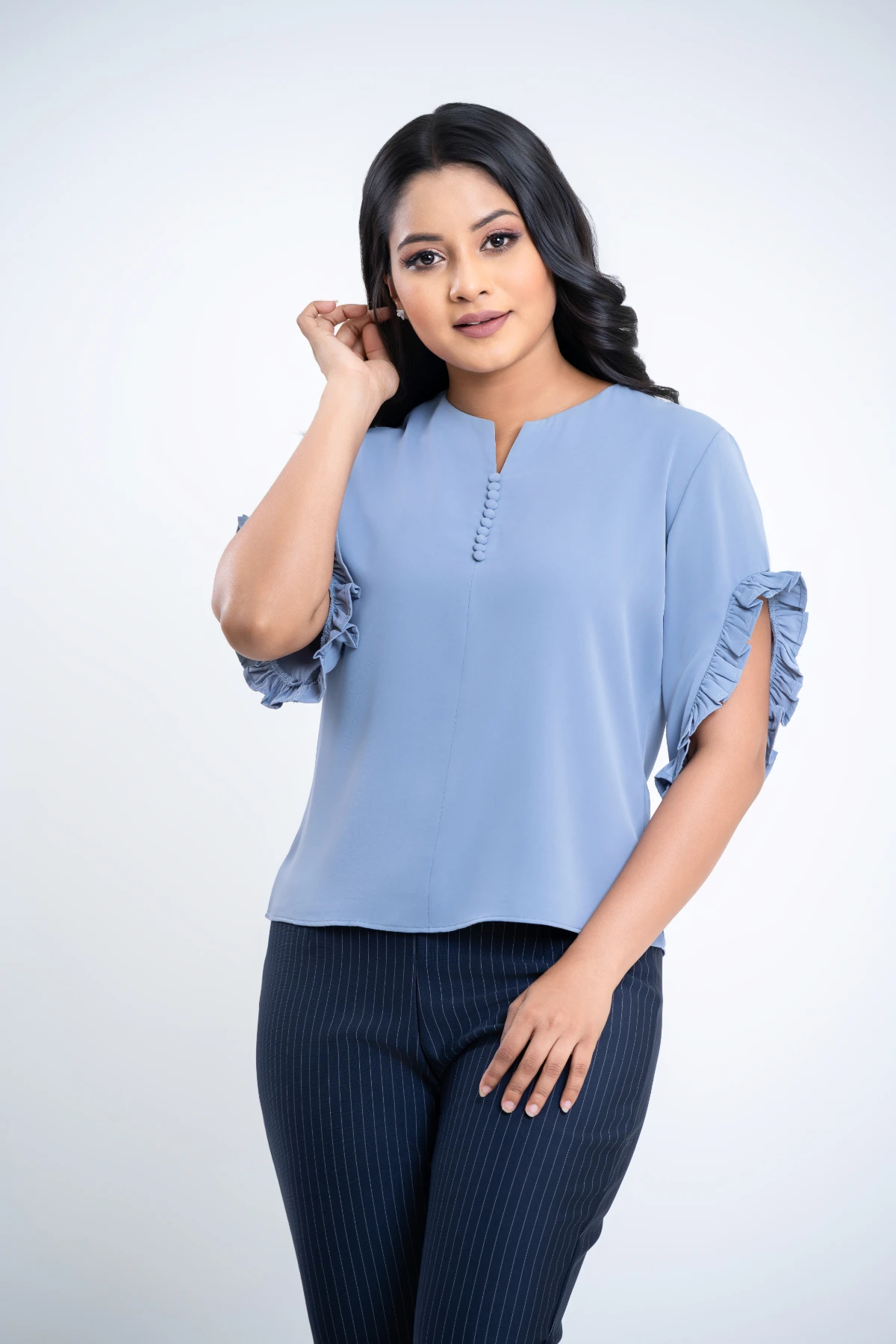 Sleeve Frilled Satin Half Sleeve Casual Top | Kandy Selection