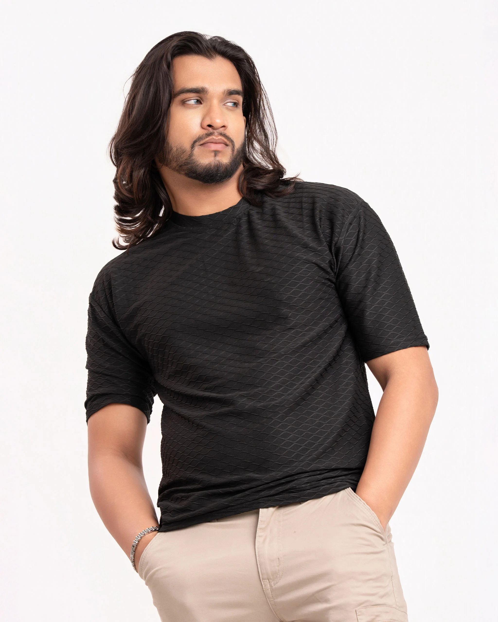 Oversized Fit Black Textured Tee | Geometric Diamond Weave | Kandy ...