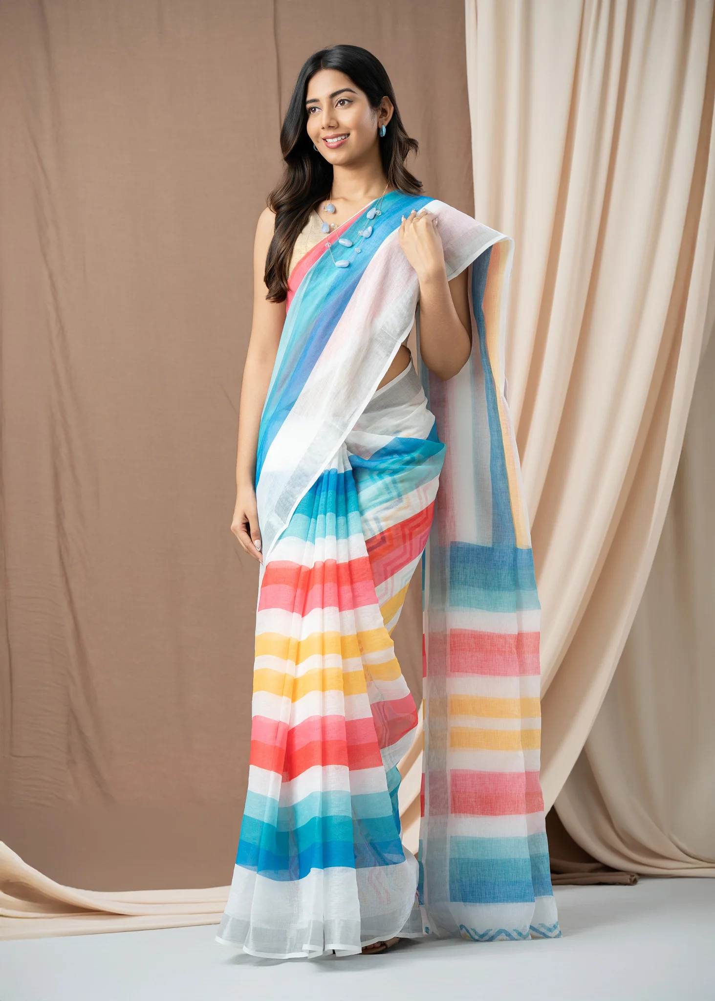 Handcrafted Pastel Multicolor Cotton Striped Saree | Kandy Selection
