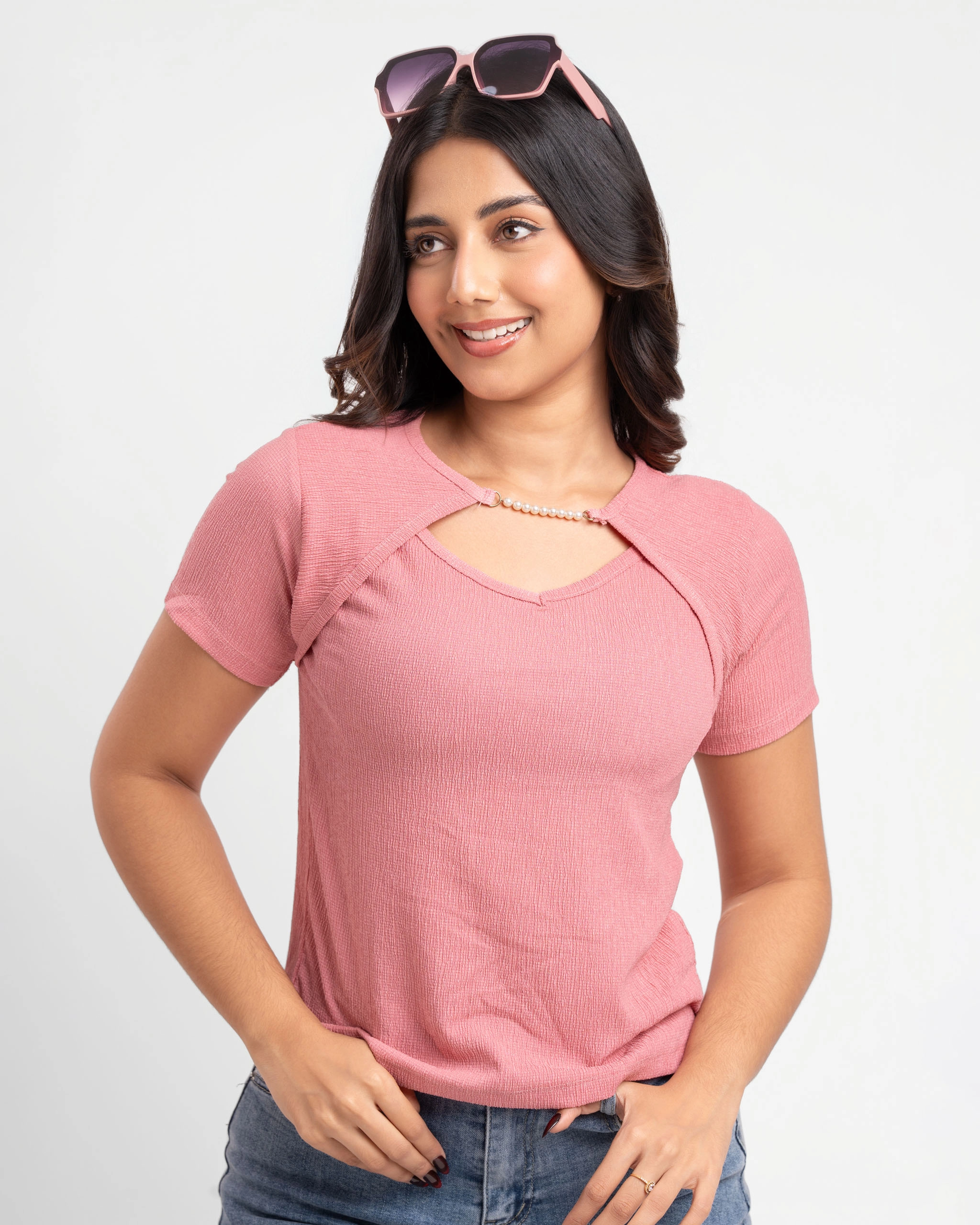 Pink Pearl Neck V-Shape Cutout Top | Kandy Selection