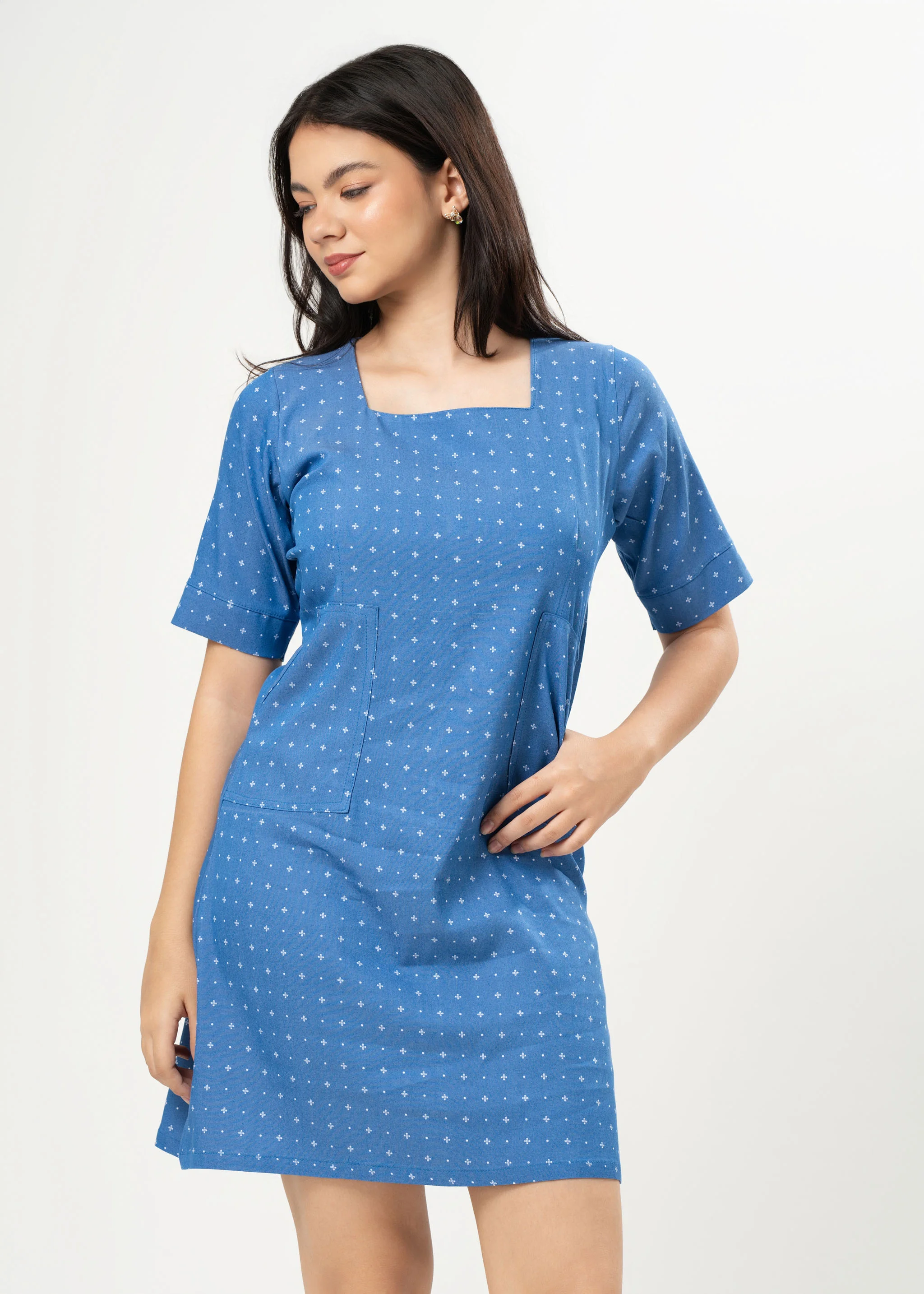 Light Blue Short Sleeve Polka Dot Dress | Kandy Selection