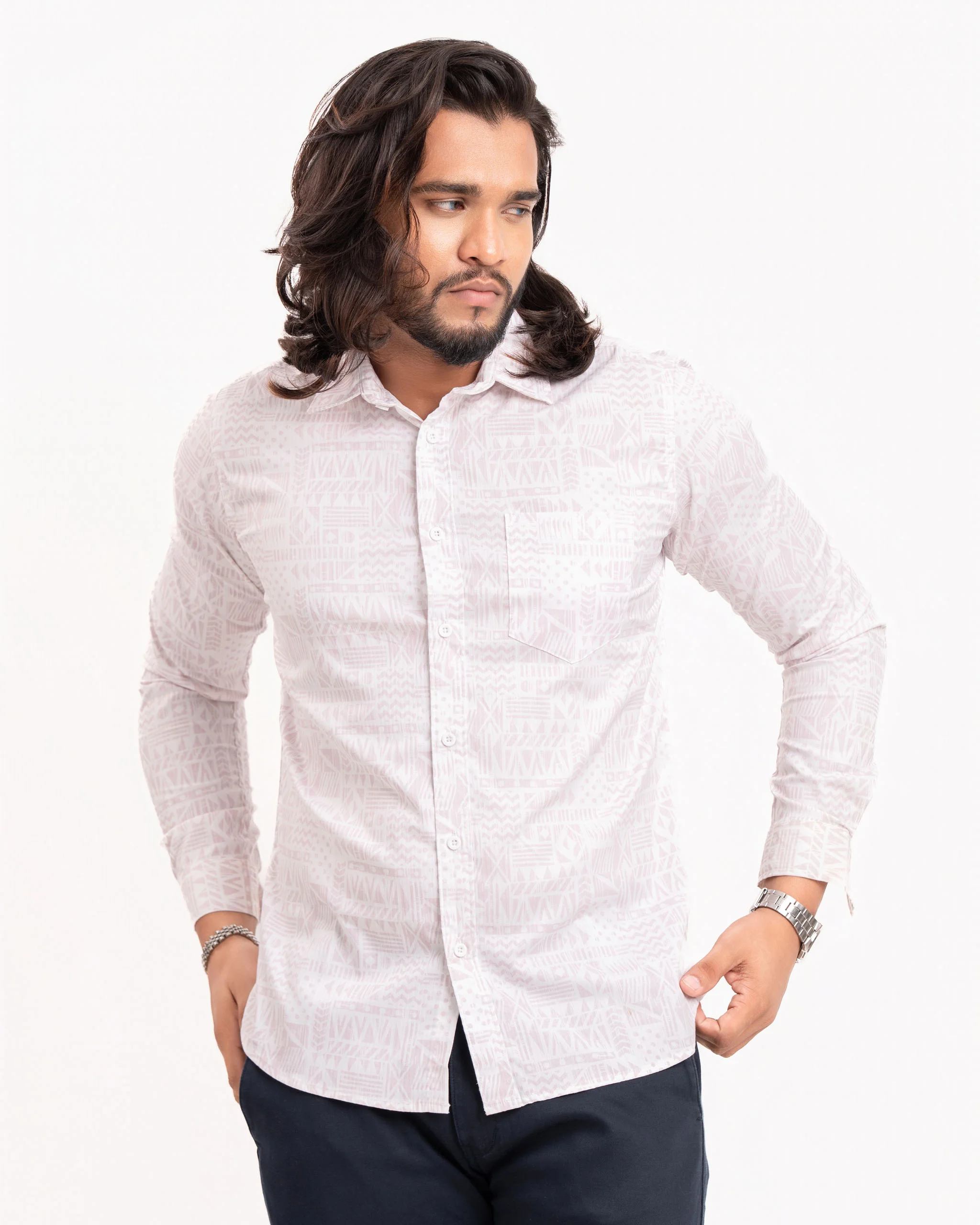 Men's light pink Geometric Print Cotton Long Sleeve Shirt | Kandy Selection