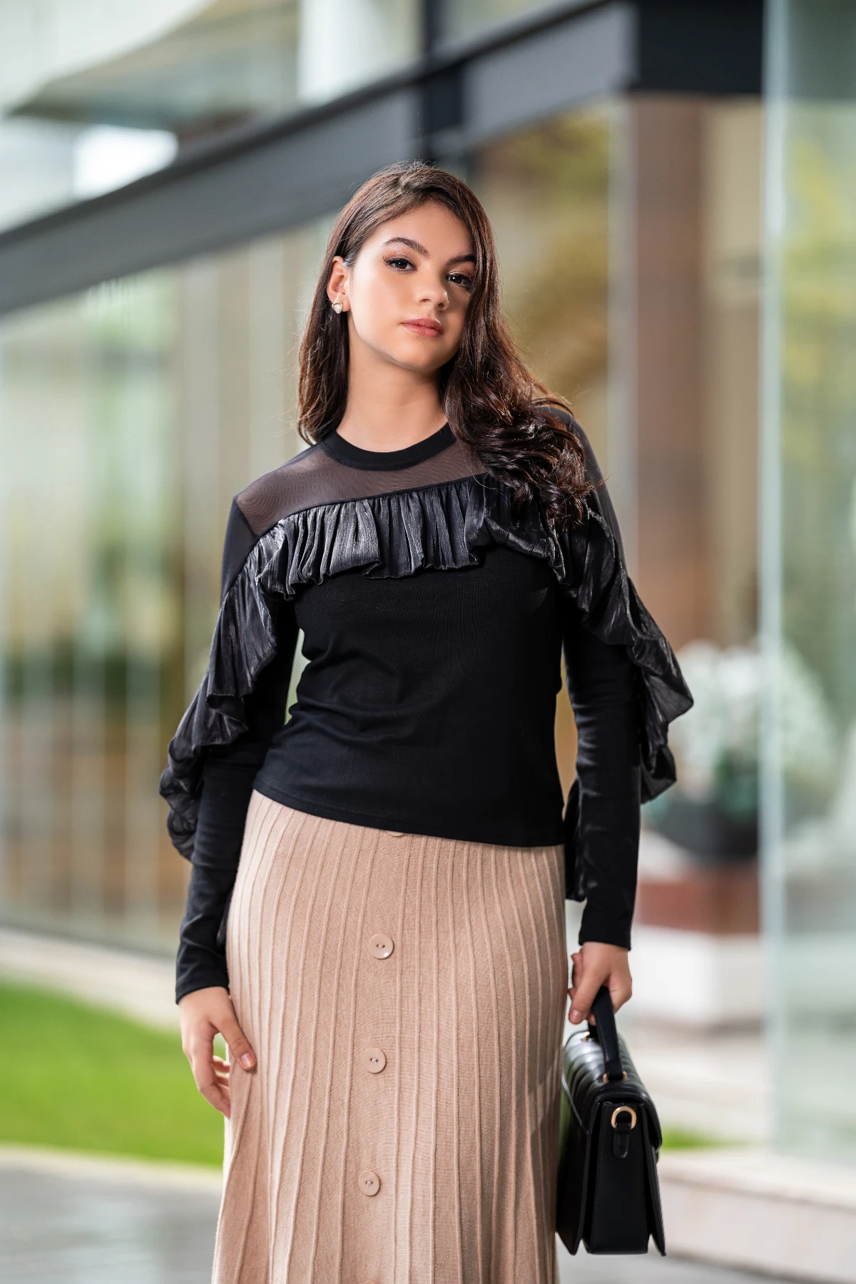Dramatic Black Ruffle Collar Long Sleeve Blouse | Kandy Selection